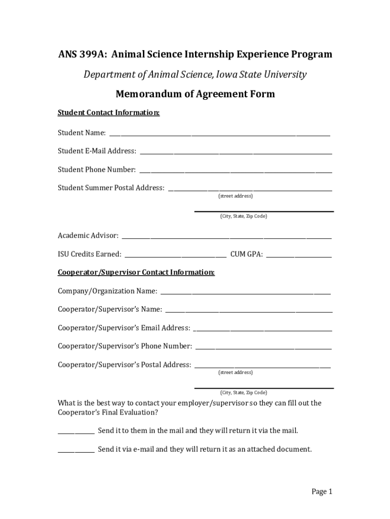 Fillable Online Internship Memorandum of Agreement Fax Email Print ...