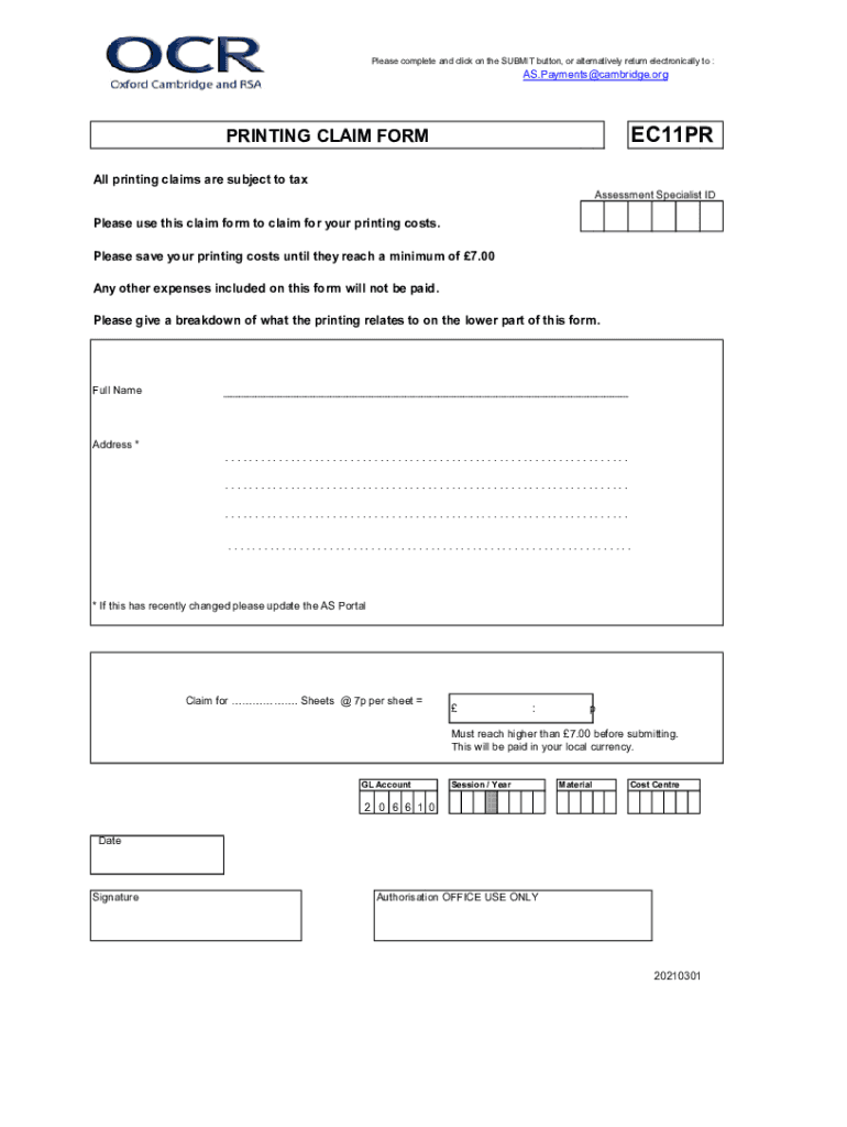 Fillable Online Printing claim form Fax Email Print - pdfFiller