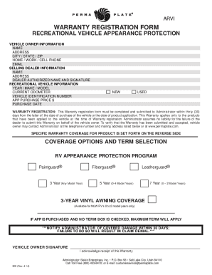 Fillable Online ARV WARRANTY REGISTRATION FORM RECREATIONAL VEHICLE ...