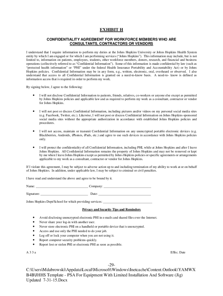 Fillable Online JHHS Template - PSA For Equipment With Limited ...