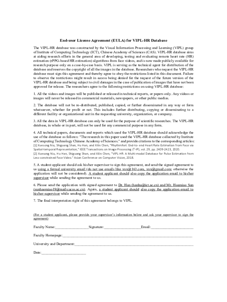 Fillable Online End-user License Agreement (EULA) for VIPL-HR Database Fax Email Print - pdfFiller
