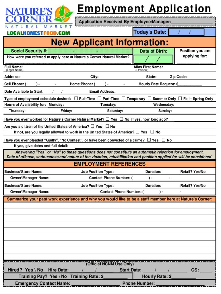 Fillable Online Employment Application - Nature's Corner Natural Market ...