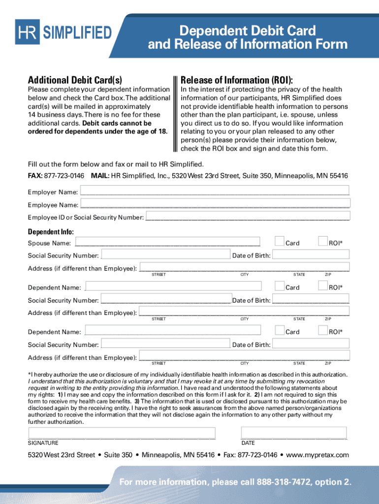 Fillable Online SIMPLIFIED Dependent Debit Card and Release of ...
