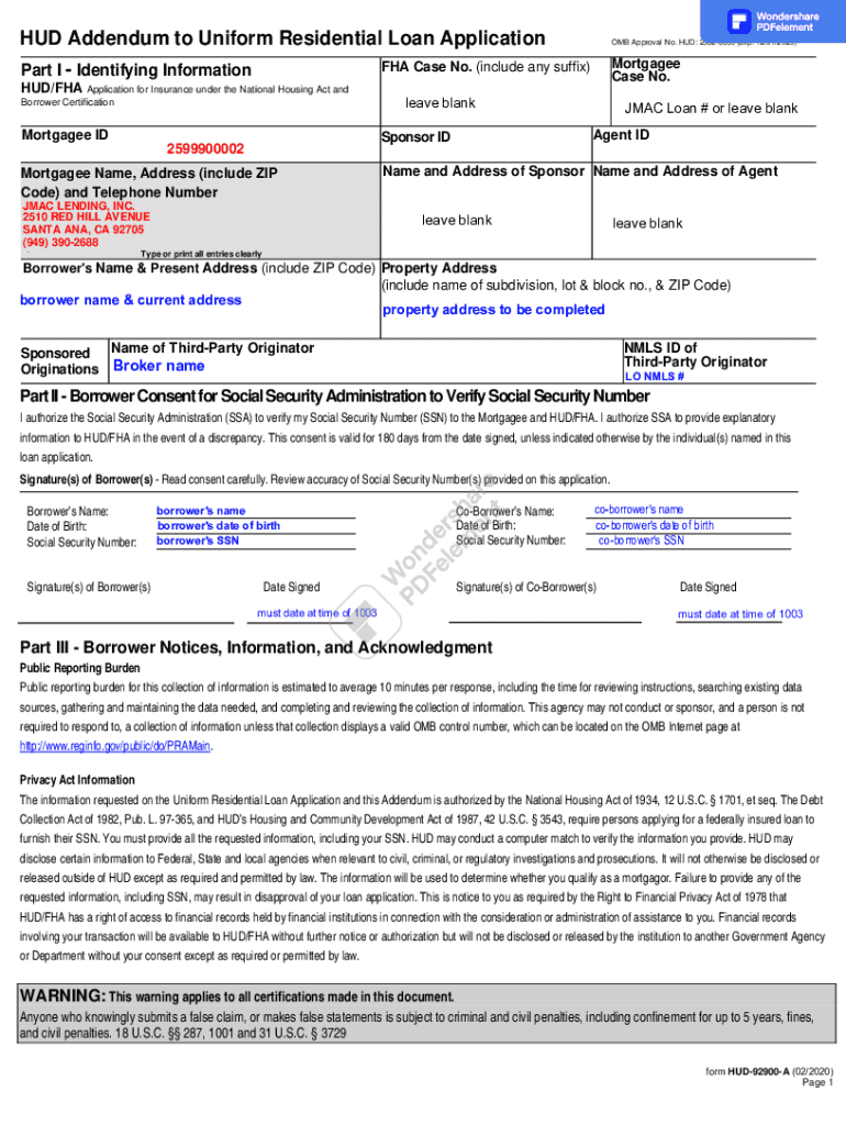 Fillable Online HUD Addendum to Uniform Residential Loan Application OMB Approval No ... Fax ...