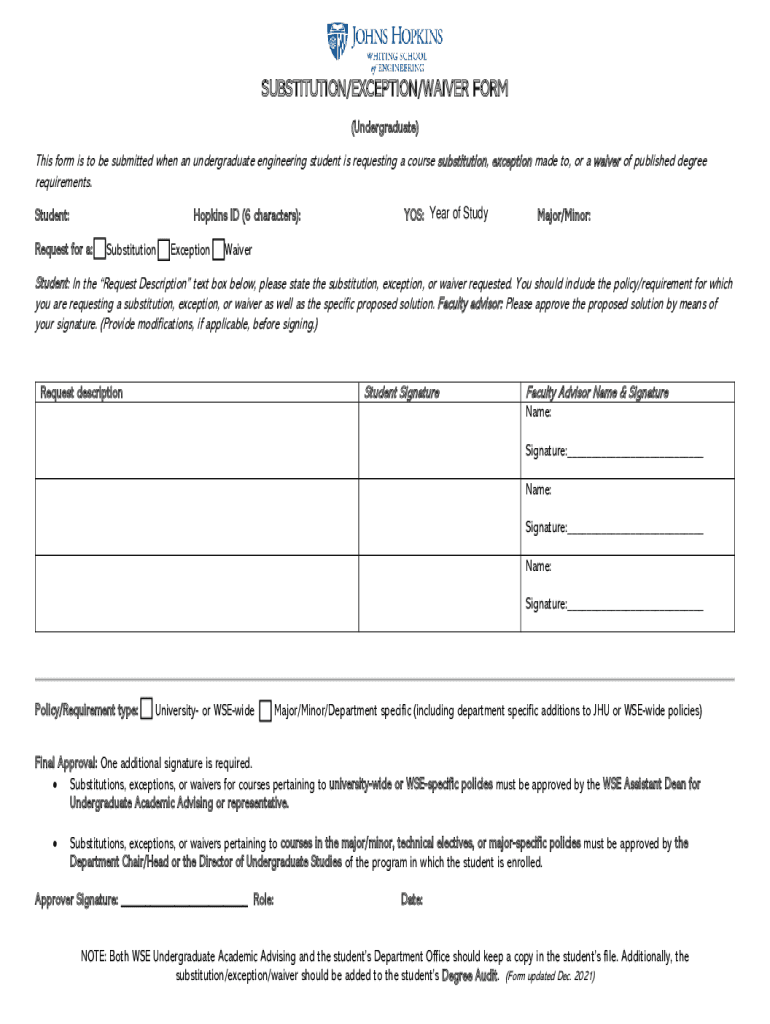 Fillable Online SUBSTITUTION/ EXCEPTION/ WAIVER FORM - Department of Mechanical Engineering Fax ...