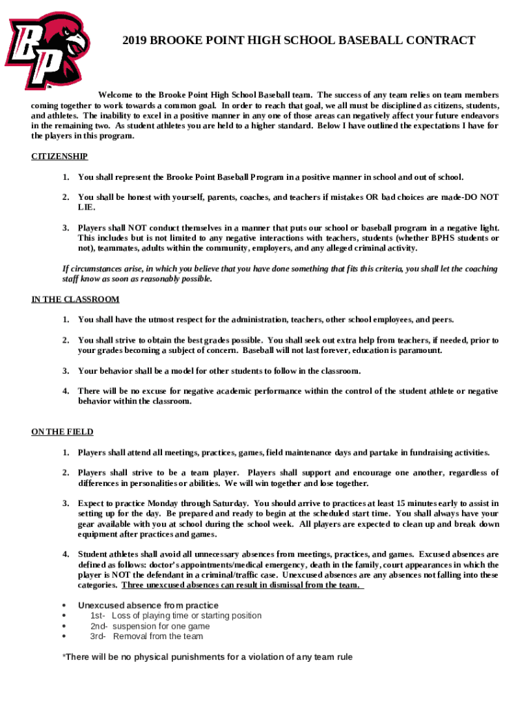 PLATTSBURGH HIGH SCHOOL VARSITY BASEBALL CONTRACT Doc Template | pdfFiller