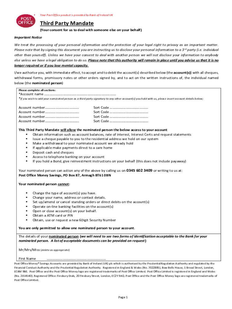 Fillable Online Your Post Office product is provided by Bank of Ireland UK Third Party ... Fax ...