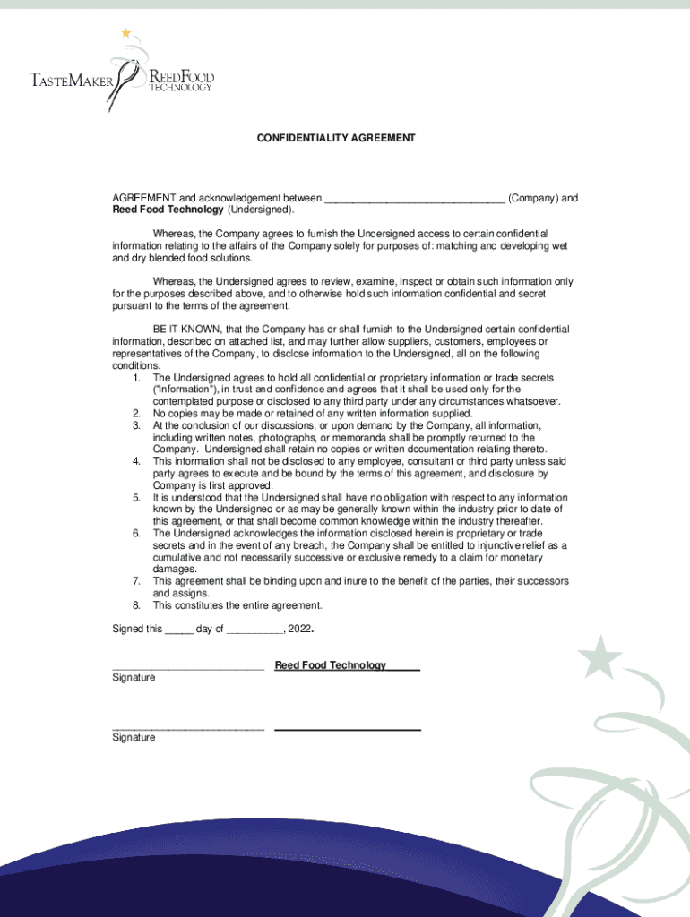 Fillable Online AGREEMENT and acknowledgement between Reed Food ...