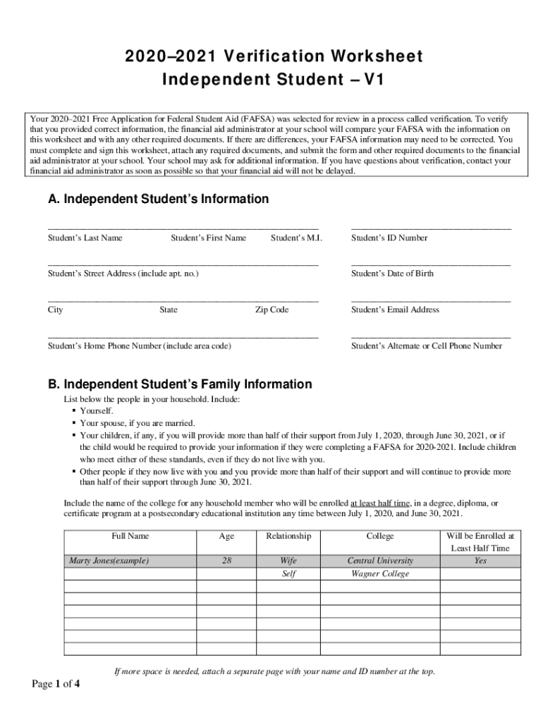 Fillable Online V1-IND 20202021 Verification Worksheet Independent Student - SCCIowa Fax Email ...