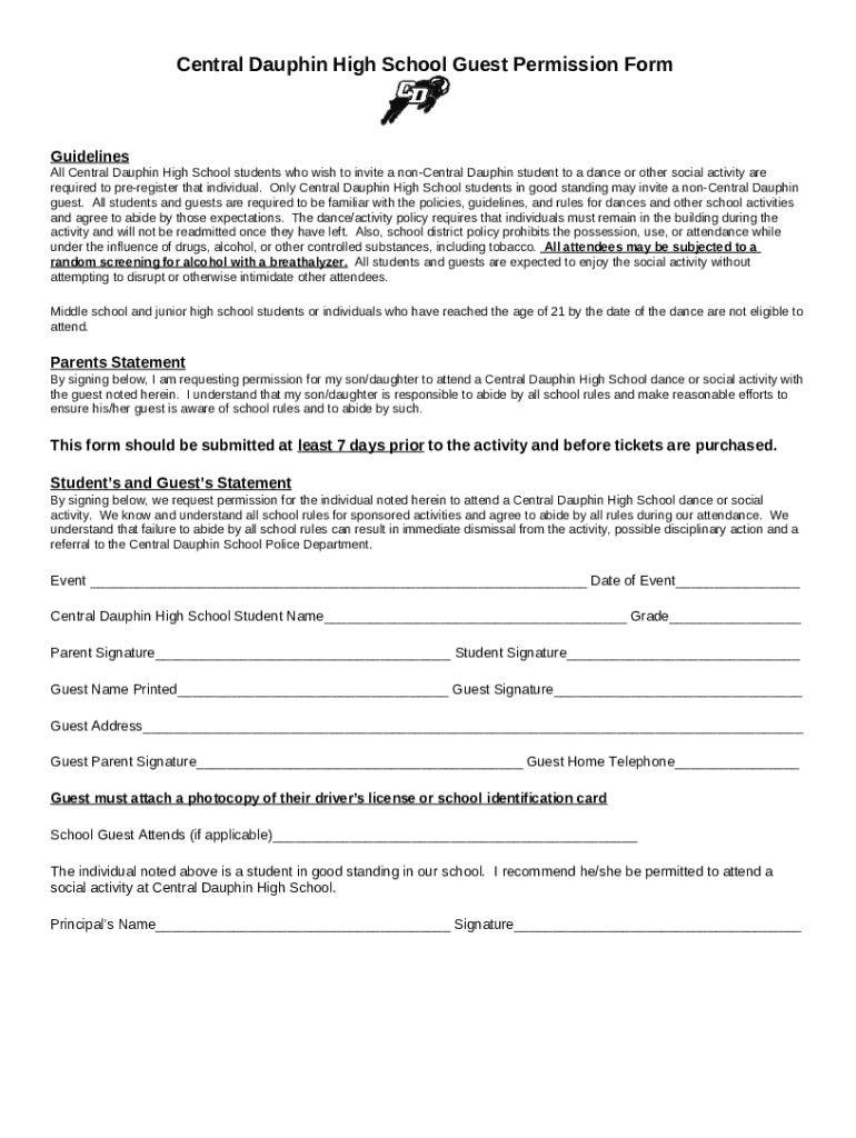 Central Dauphin High School Guest Permission Doc Template PdfFiller