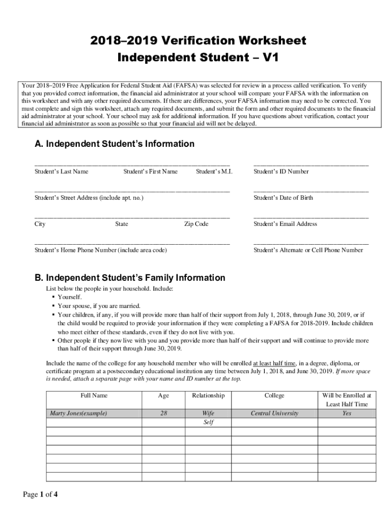 Fillable Online 2018-2019 Verification Worksheet Independent Student - Tracking Group V1 Fax ...