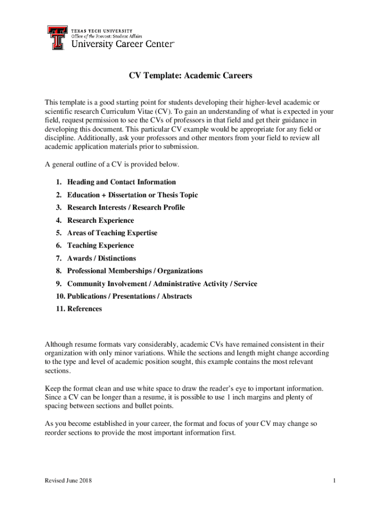 Fillable Online Academic (CV) Curriculum Vitae: Template, Examples ...