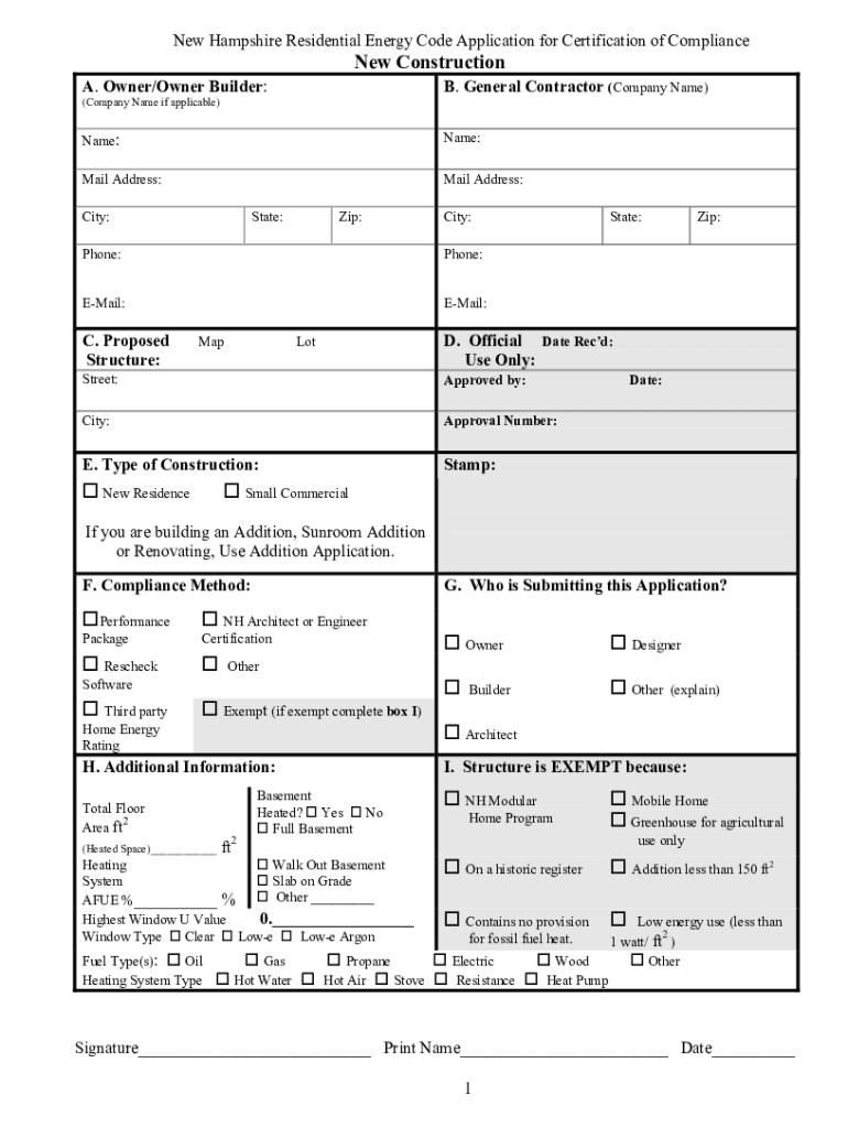 Fillable Online New Hampshire Energy Code Application for Certification ...