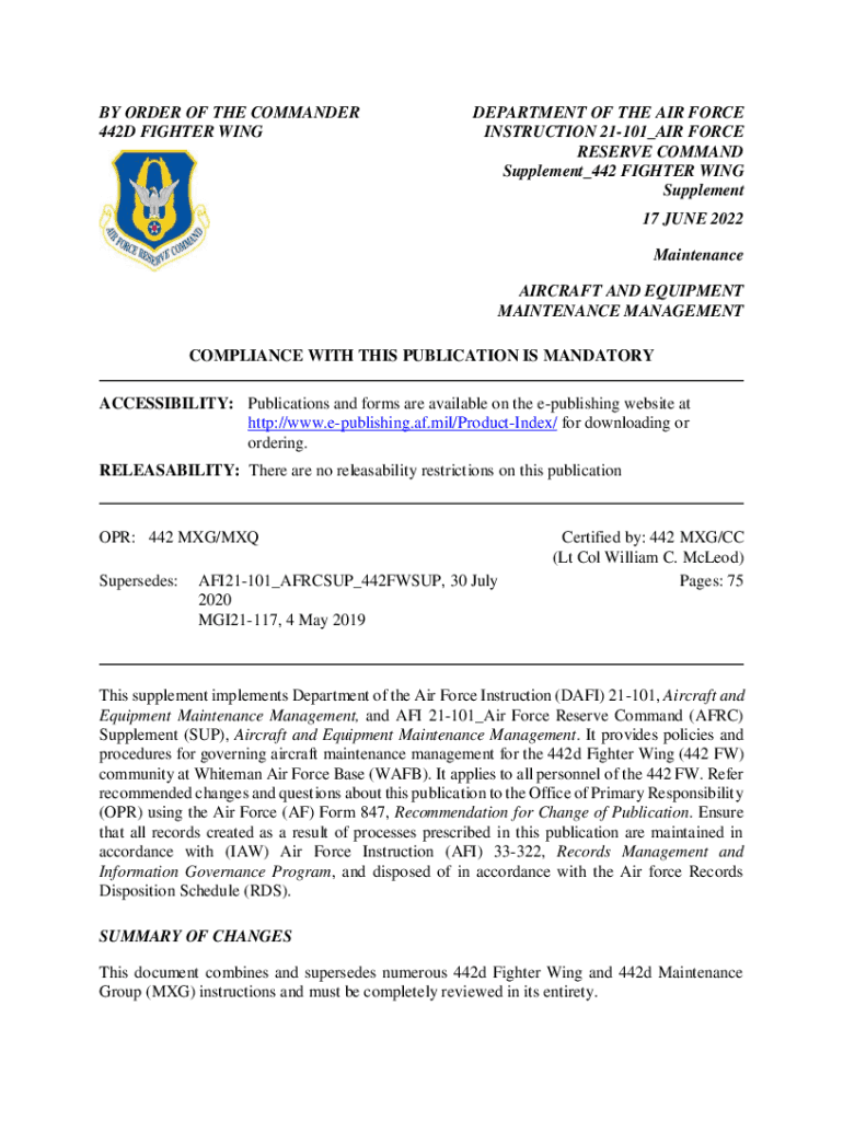Fillable Online BY ORDER OF THE COMMANDER 442D FIGHTER WING INSTRUCTION ...