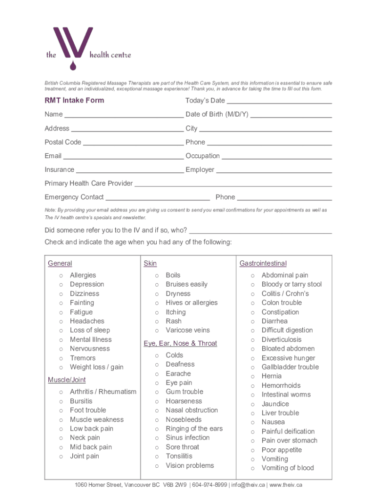 Fillable Online The IV - RMT Intake Form.docx Fax Email Print - pdfFiller