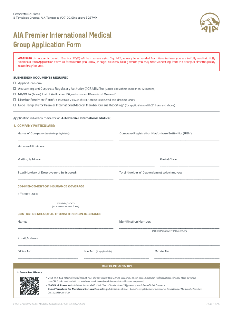 Fillable Online AIA Premier International Medical Group Application ...