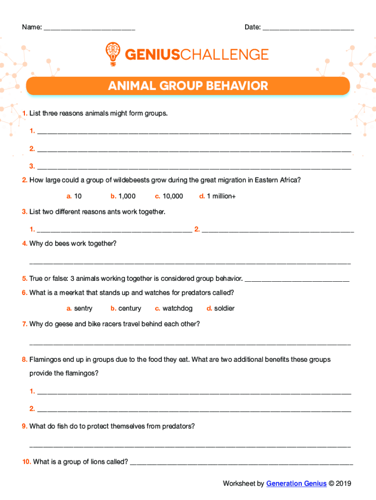 Fillable Online Animal Group BehaviorWorksheet for Grades 3-5 PDF. A ...