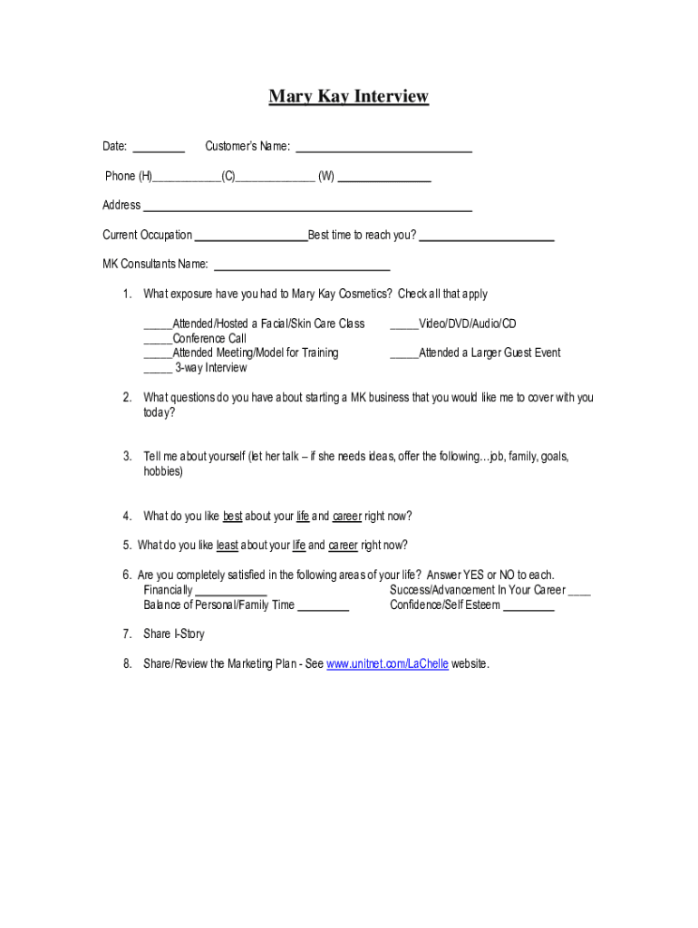 Fillable Online idoc.pubdocumentsmary-kay-interview-outlineMary Kay ...