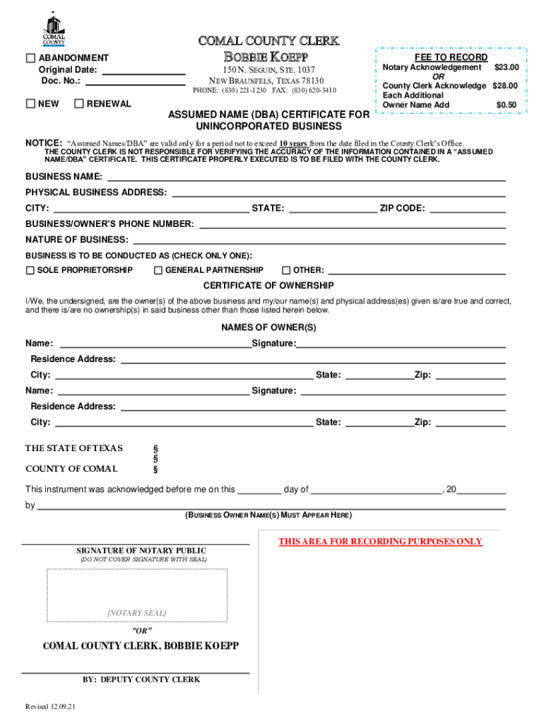 2021 2025 Form TX Assumed Name DBA Certificate For Unincorporated 2021 2025 Form TX Assumed Name DBA Certificate For Unincorporated