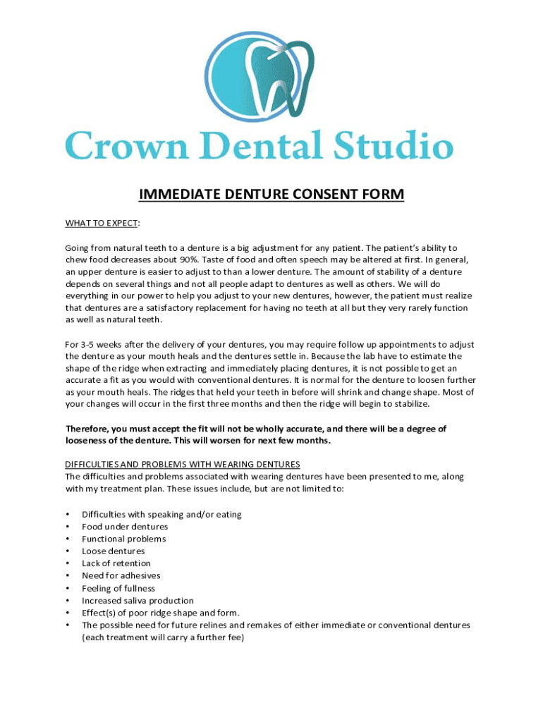 Fillable Online IMMEDIATE DENTURE CONSENT FORM - Mangelsdorf Family ...