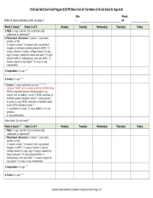 CACFP Menu for Two Weeks of At-risk Snack for Ages 6-18 Doc Template | pdfFiller