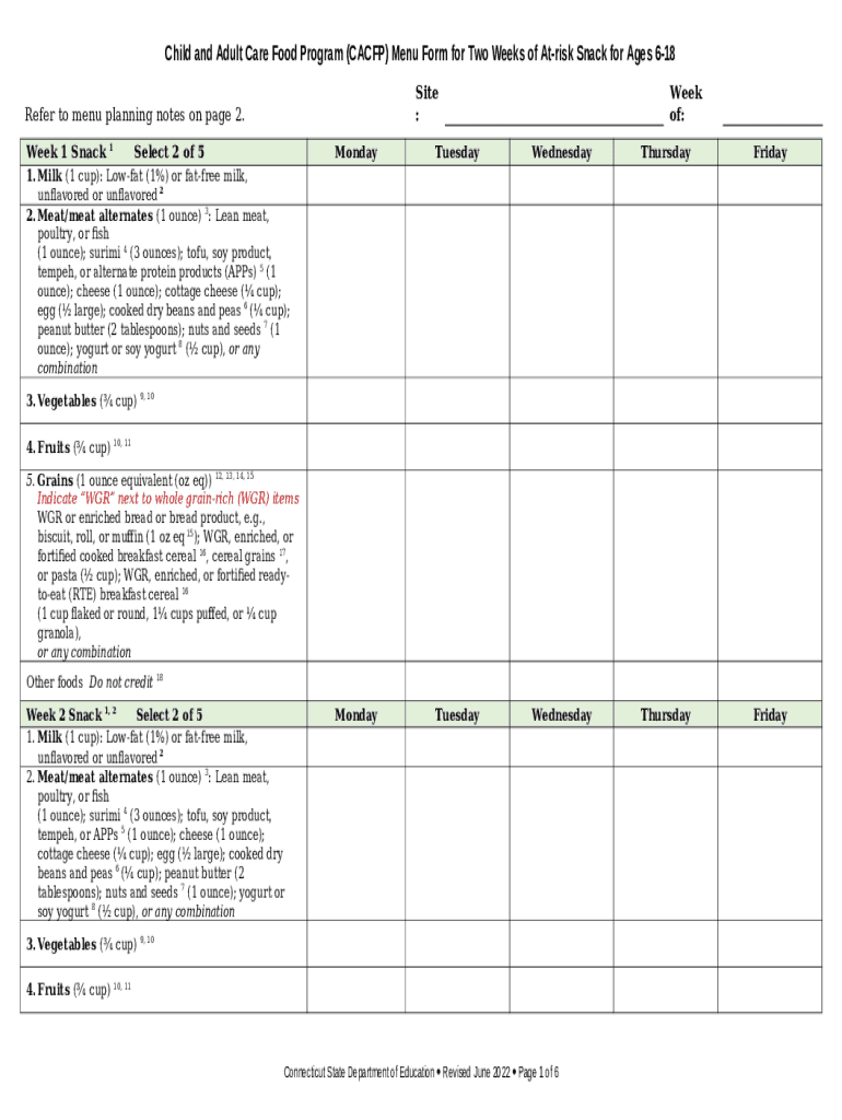 CACFP Menu for Two Weeks of At-risk Snack for Ages 6-18 Doc Template ...