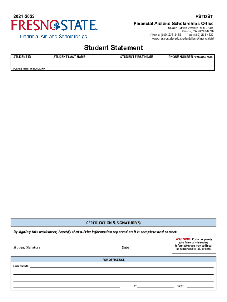 Fillable Online Financial Aid and Scholarships Office Student Statement ...