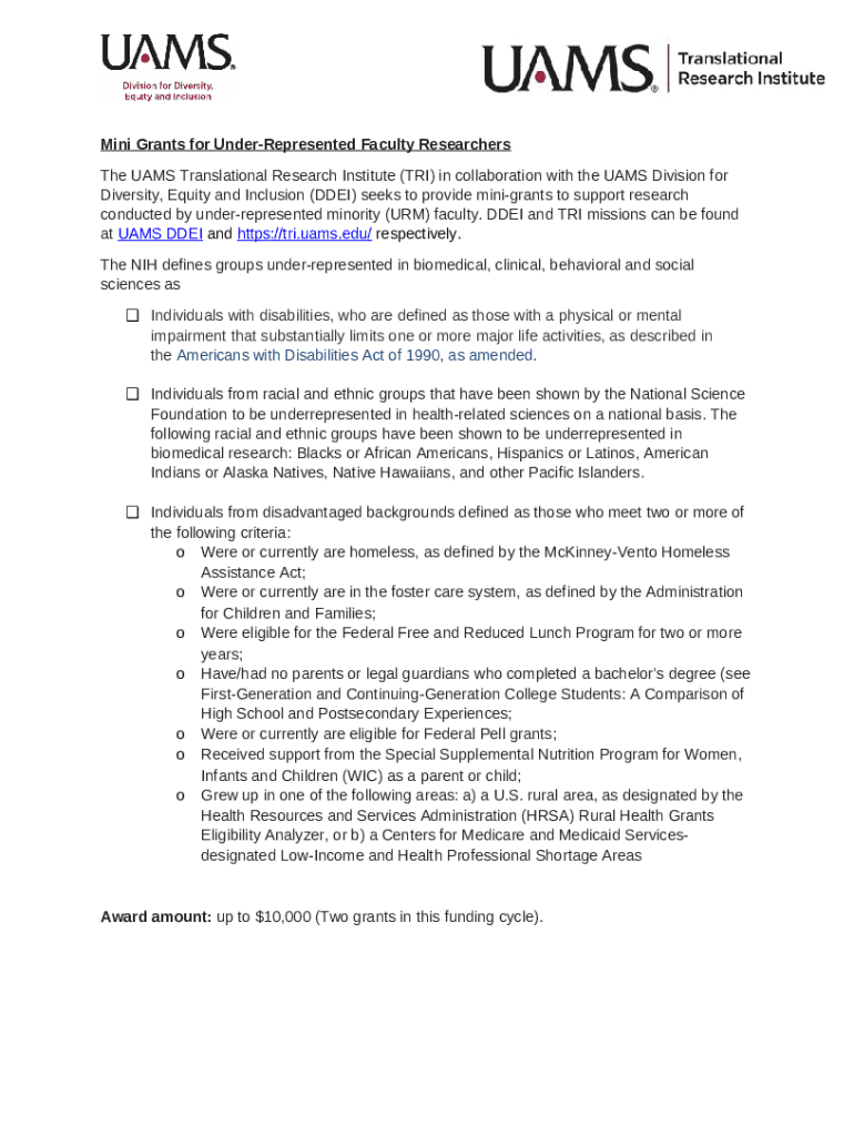 Request For Application: TRI-DDEI Minigrant Award - tri uams Doc Template | pdfFiller