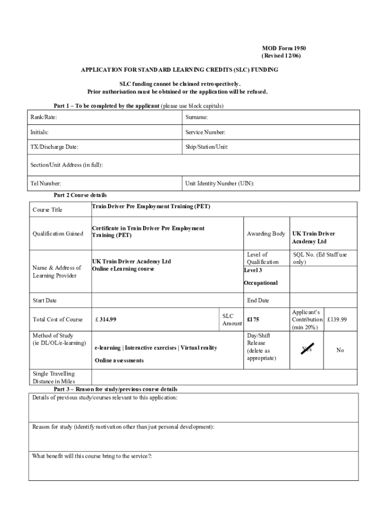 Fillable Online standard-learning-form-1950.pdffiller.com2006 UK MOD ...