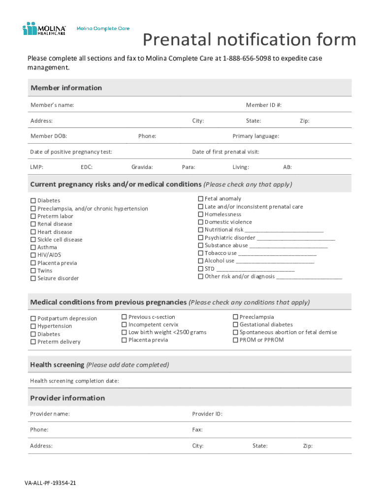 Fillable Online Prenatal Notification Form. Pregnancy risk and medical ...
