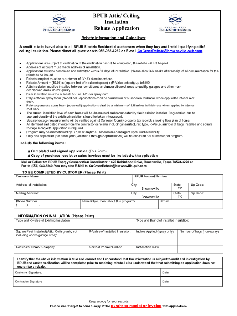 Fillable Online BPUB Attic/ Ceiling Rebate Application Form Fax Email ...