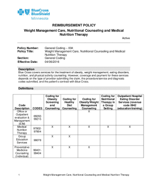 Fillable Online REIMBURSEMENT POLICY Weight Management Care ...