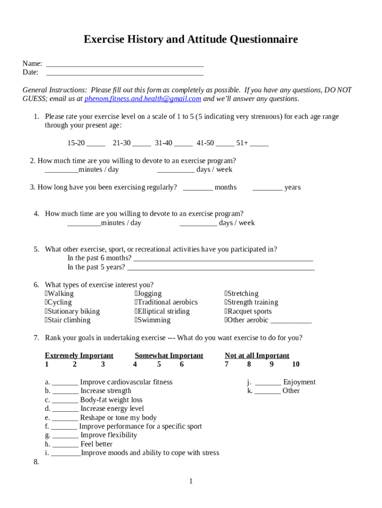 Exercise History and Attitude Questionnaire Doc Template | pdfFiller