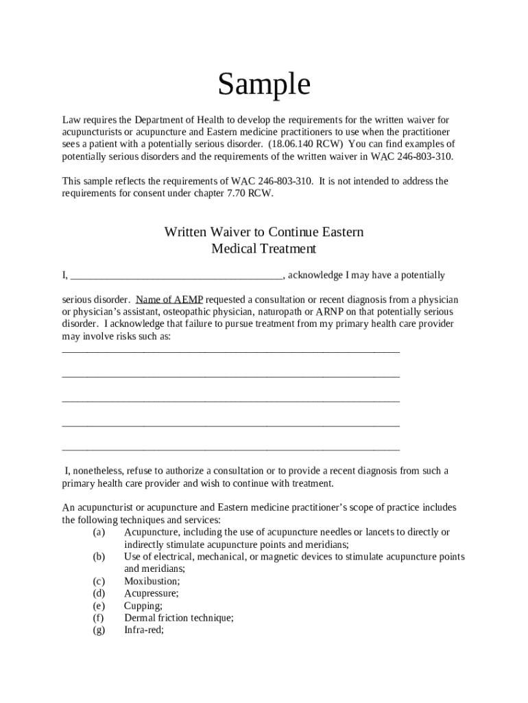 Written Waiver to Continue East Asian Medical Treatment . Written ...