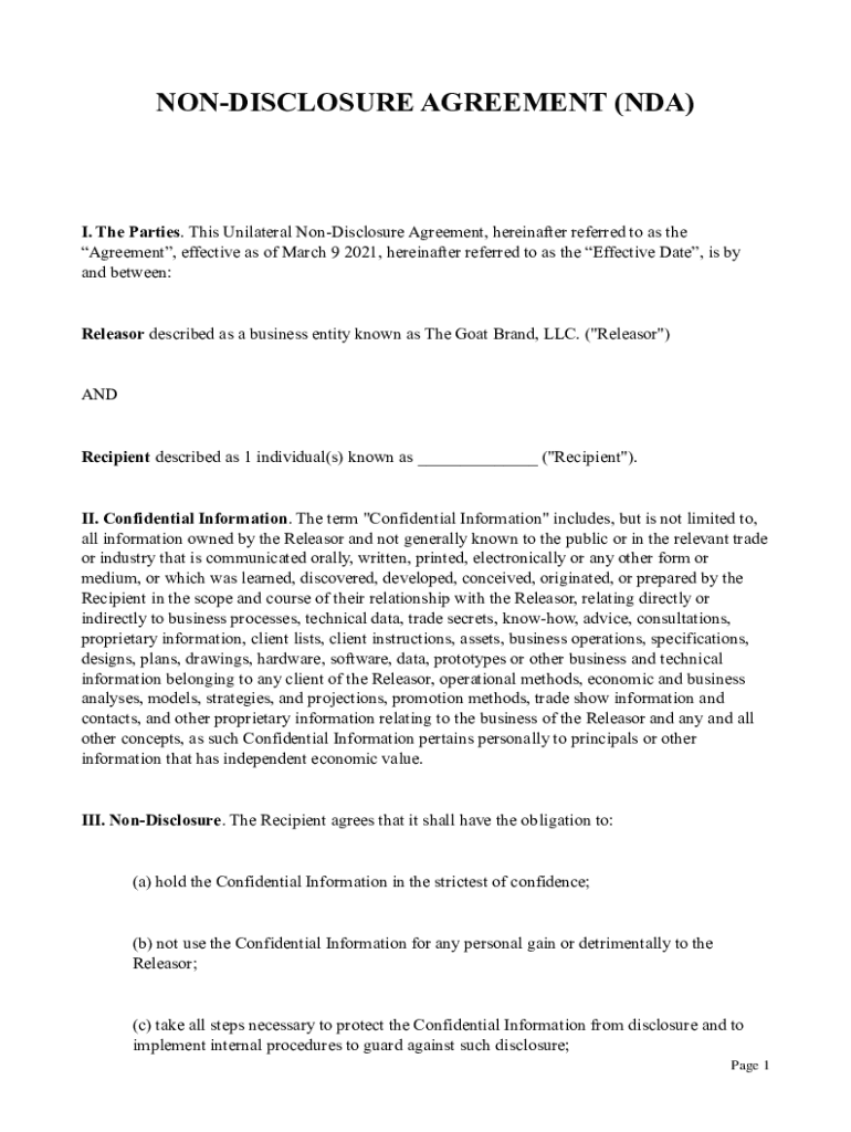 Fillable Online Free Unilateral Non-Disclosure Agreement (NDA)PDFWord ...
