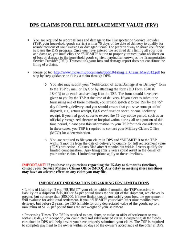 docest.comdps-claims-for-full-replacement-value-frvDps Claims for Full ...