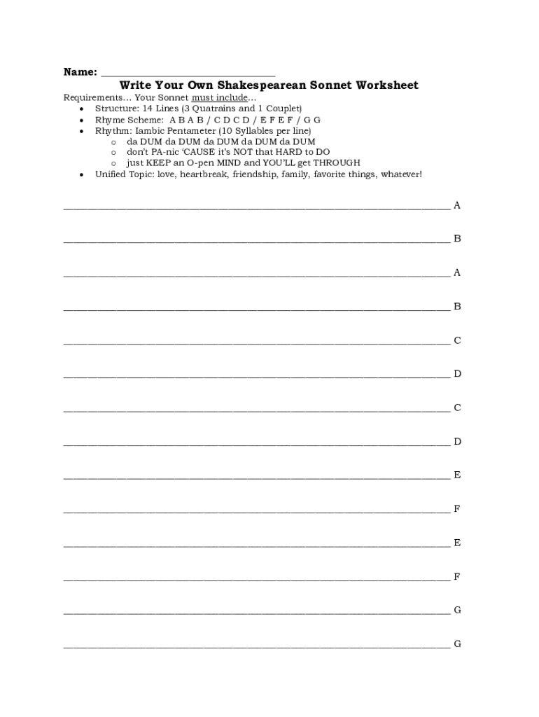 Fillable Online Name: Write Your Own Shakespearean Sonnet Worksheet Fax ...