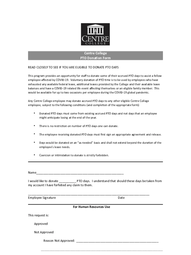 Fillable Online www.centre.edu10Request-to-Donate-PTO-DaysCentre ...