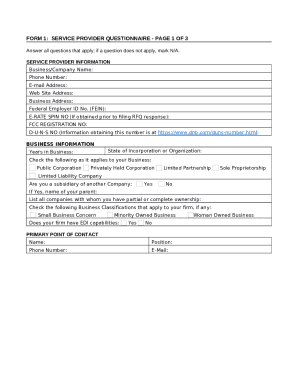 1: SERVICE PROVIDER QUESTIONNAIRE - PAGE 1 OF 3 Doc Template | pdfFiller