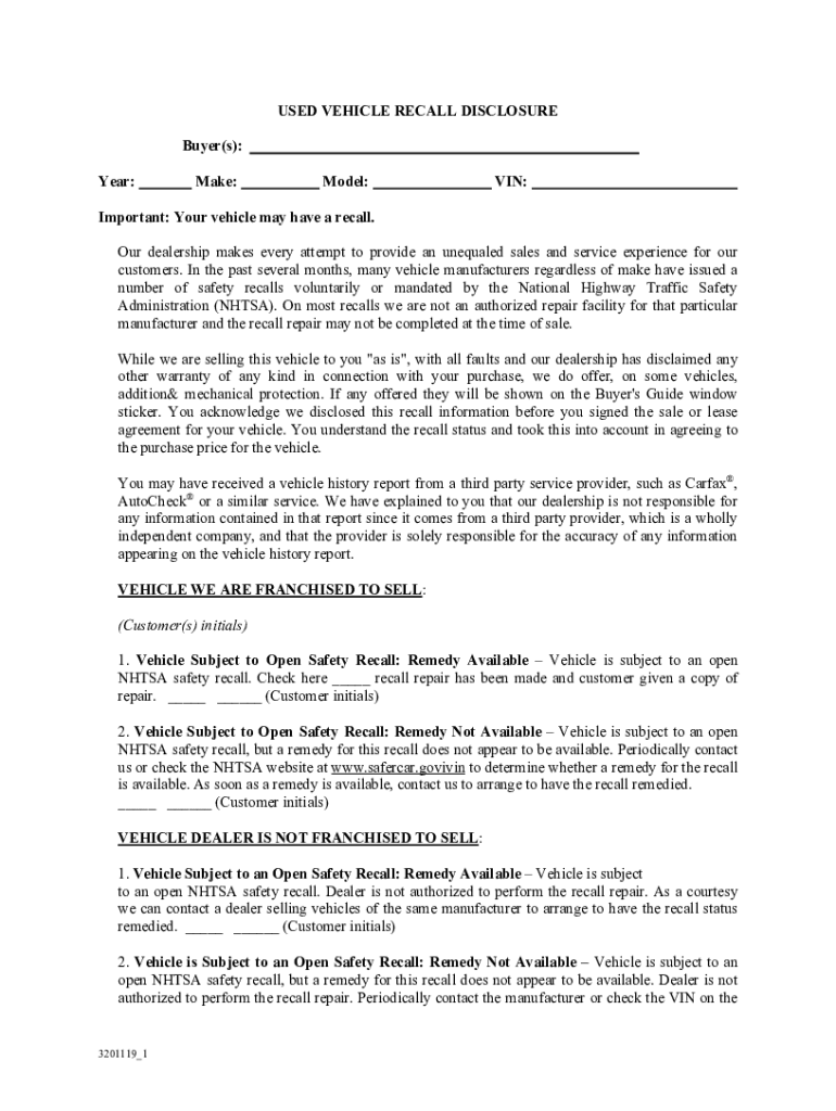 Fillable Online Used Vehicle Recall Disclosure.DOCX Fax Email Print ...
