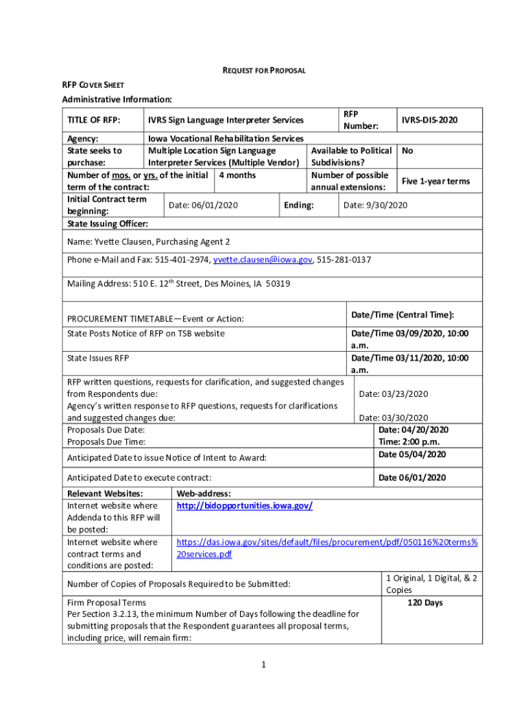 Fillable Online bidopportunities.iowa.govHomeDownloadBidRequest for Proposal RFP Cover Sheet ...