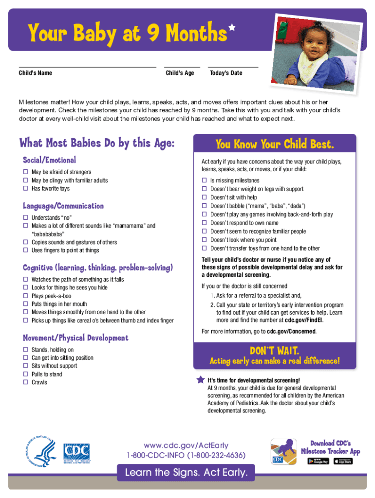 Fillable Online www.cdc.govmilestonesmilestones-9moImportant Milestones ...