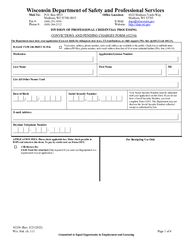 Fillable Online dsps wi #2254, Convictions and Pending Charges Form ...