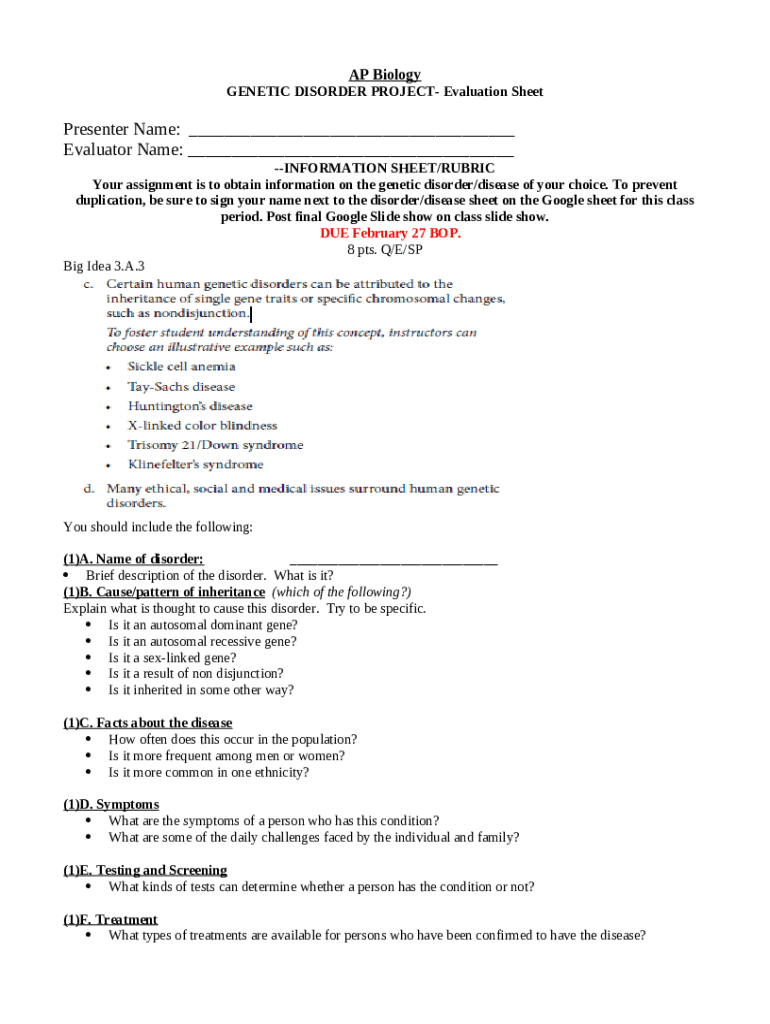 Genetic Disorder Project Rubric Doc Template | pdfFiller