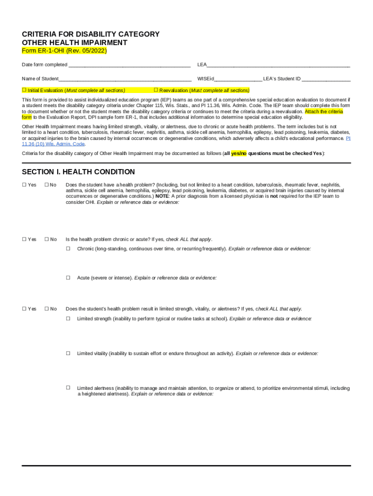 Disability Category Criteria Worksheets and GuidesOther Health ...
