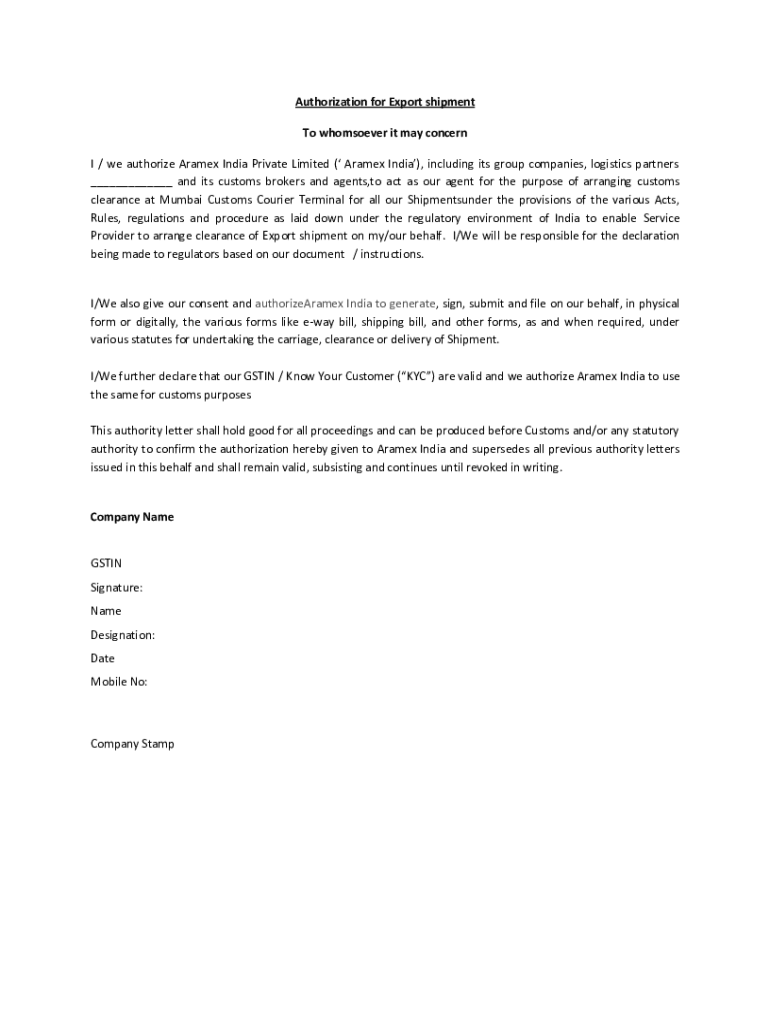 Fillable Online Authorization for Export shipment To whomsoever it may ...