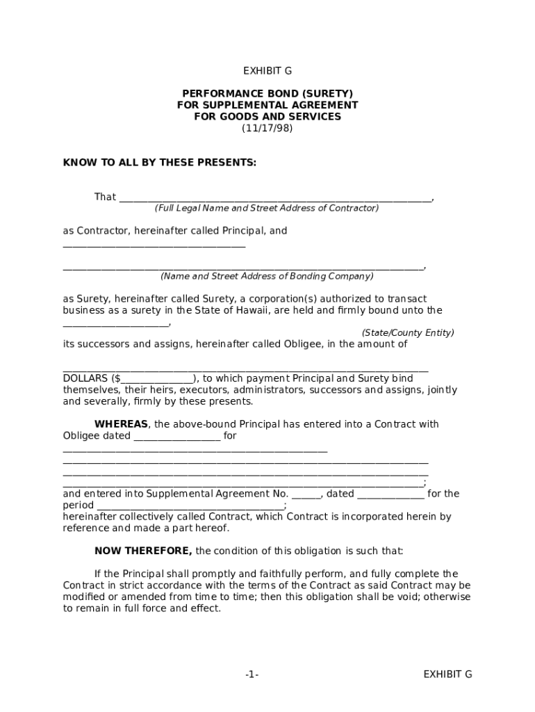 PERANCE BOND (SURETY) FOR SUPPLEMENTAL AGREEMENT FOR GOODS AND ... Doc Template | pdfFiller