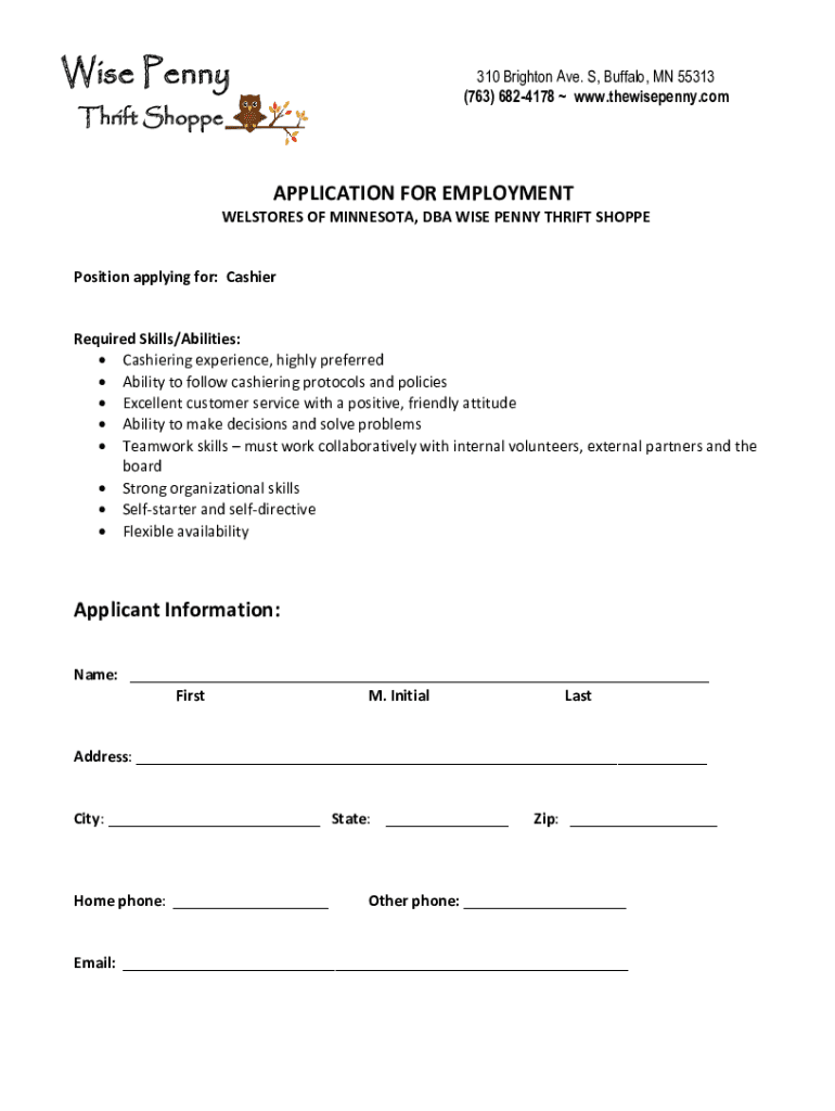 Fillable Online APPLICATION FOR EMPLOYMENTWISE PENNY THRIFT STORE Fax ...