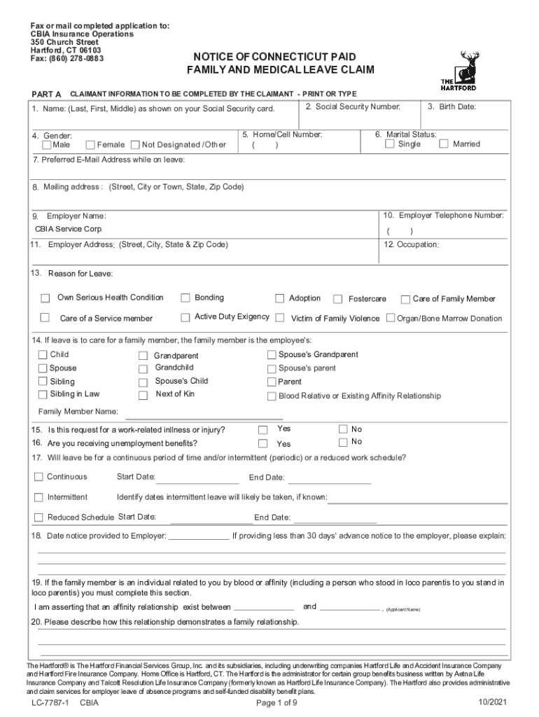 Fillable Online Notice of CT Paid Family and Medical Leave Benefits ClaimLC-7787. Forms Fax ...