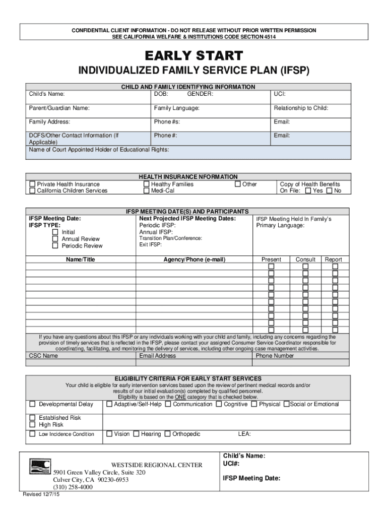 Fillable Online INDIVIDUALIZED FAMILY SERVICE PLAN (IFSP) Fax Email ...
